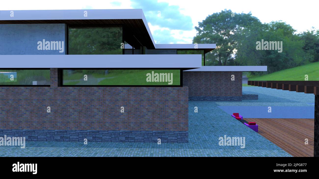 Modern country villa. The plinth is clad in gray slate. Stone blocks ...