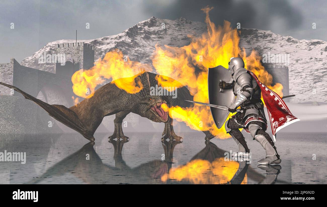 Medieval knight fights a fire-breathing dragon in the background of ...