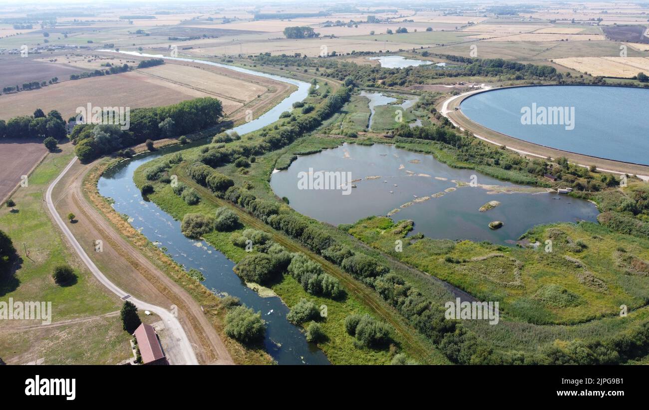 Aerial view of Yorkshire Water reservoir, Tophill Low Nature Reserve ...