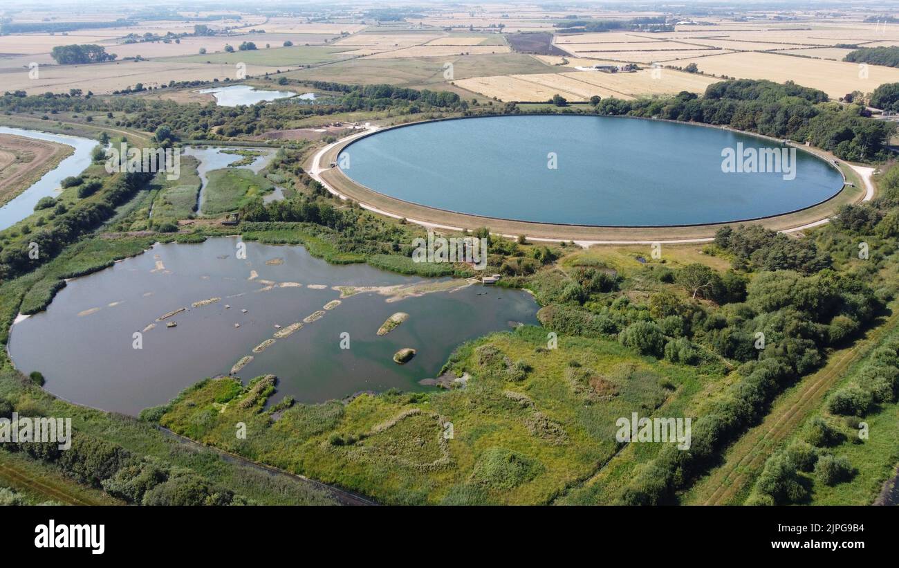 Aerial view of Yorkshire Water reservoir, Tophill Low Nature Reserve, East Riding of Yorkshire ...