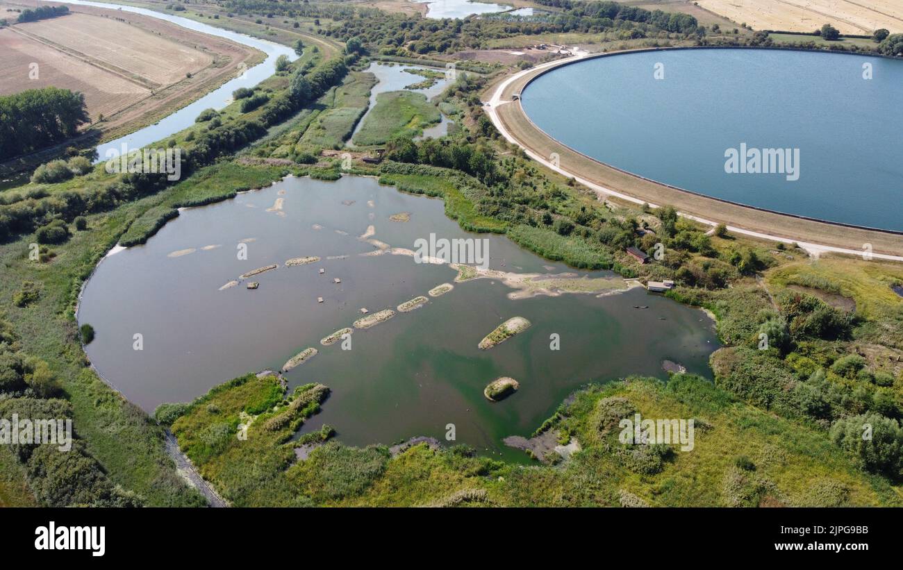 Aerial view of Yorkshire Water reservoir, Tophill Low Nature Reserve ...