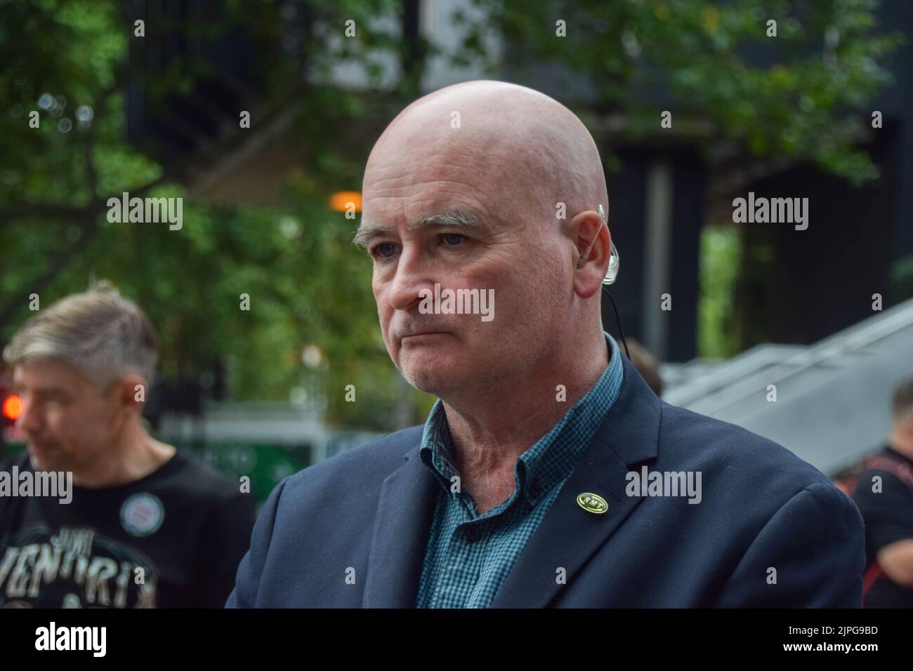 London, UK. 18th August 2022. RMT general secretary Mick Lynch gives an ...