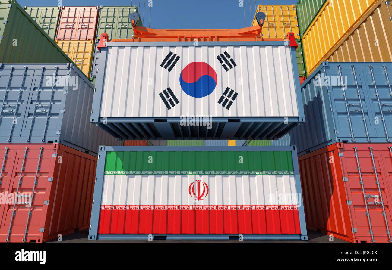 Cargo containers with Iran and South Korea national flags. 3D Rendering ...