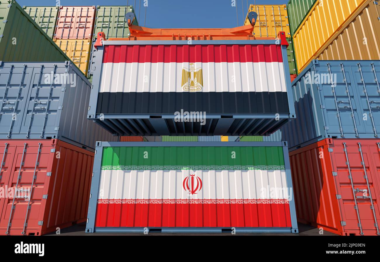 Cargo containers with Iran and Egypt national flags. 3D Rendering Stock ...
