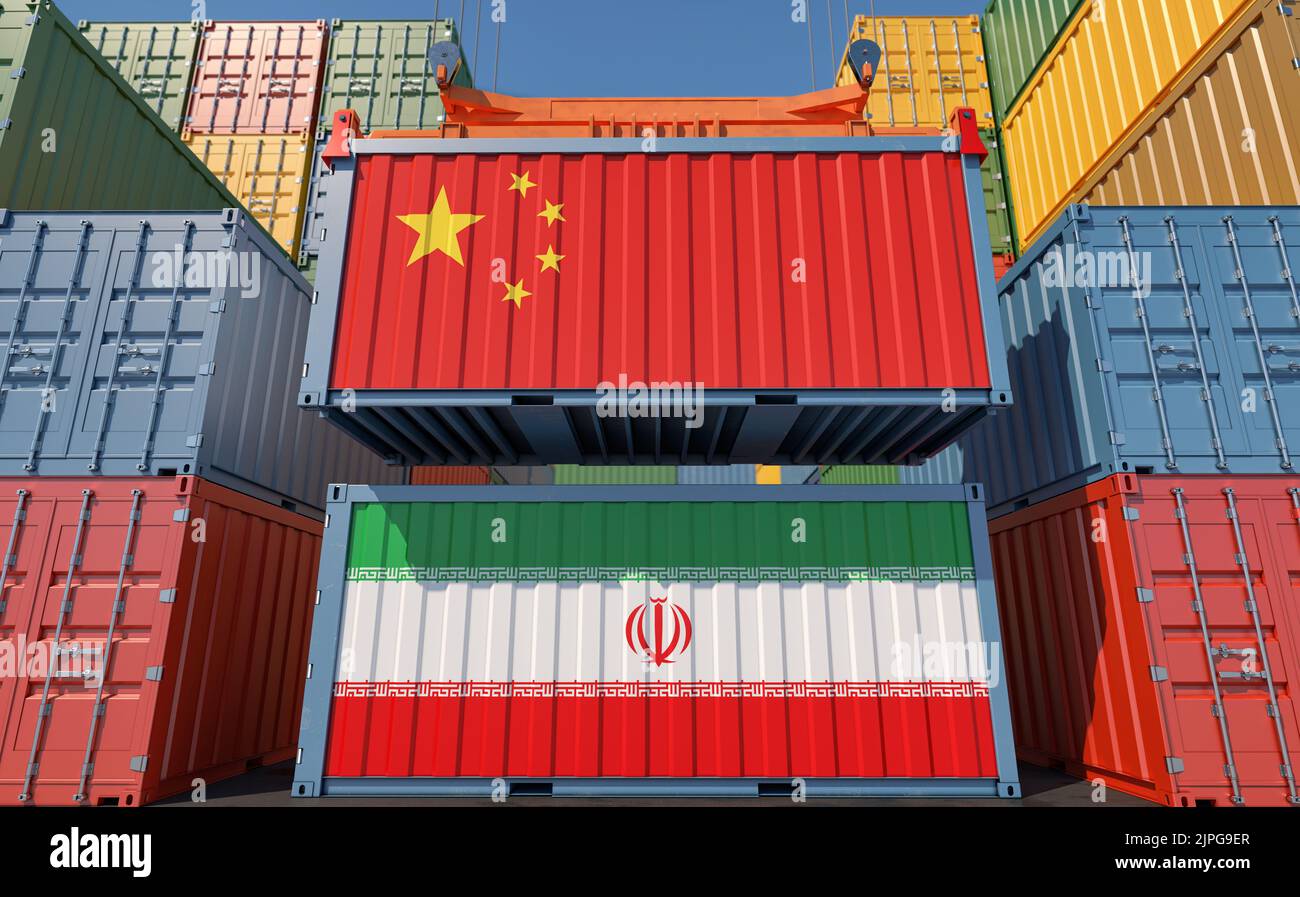 Cargo containers with Iran and China national flags. 3D Rendering Stock ...