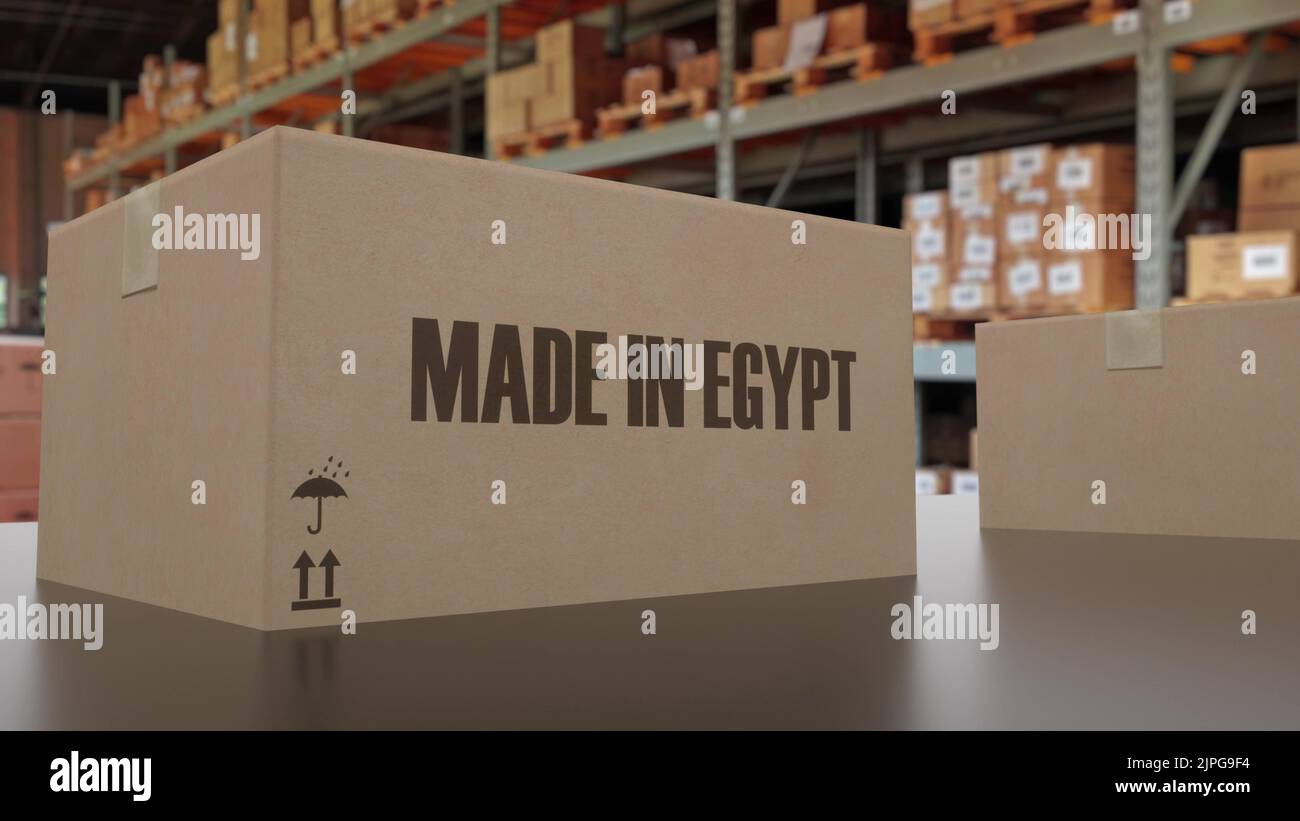 Boxes with MADE IN EGYPT text on conveyor. 3d illustration Stock Photo ...
