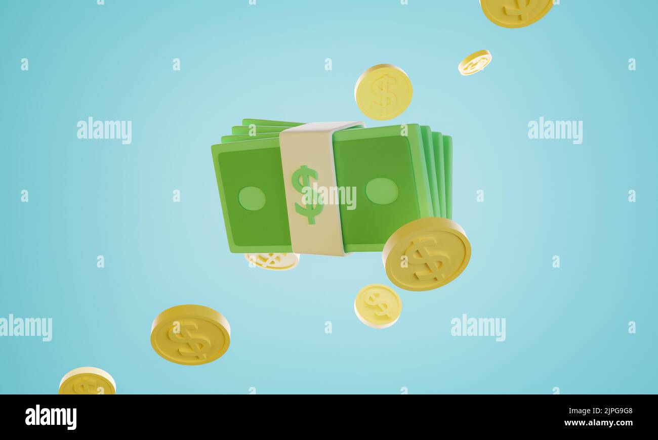 Piles of dollar bills and coins floating around on blue background ...
