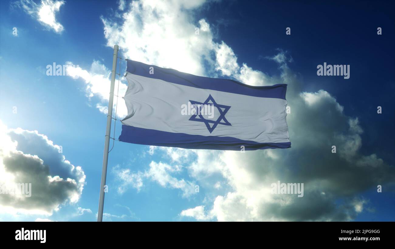 Flag of Israel waving at wind against beautiful blue sky. 3d ...