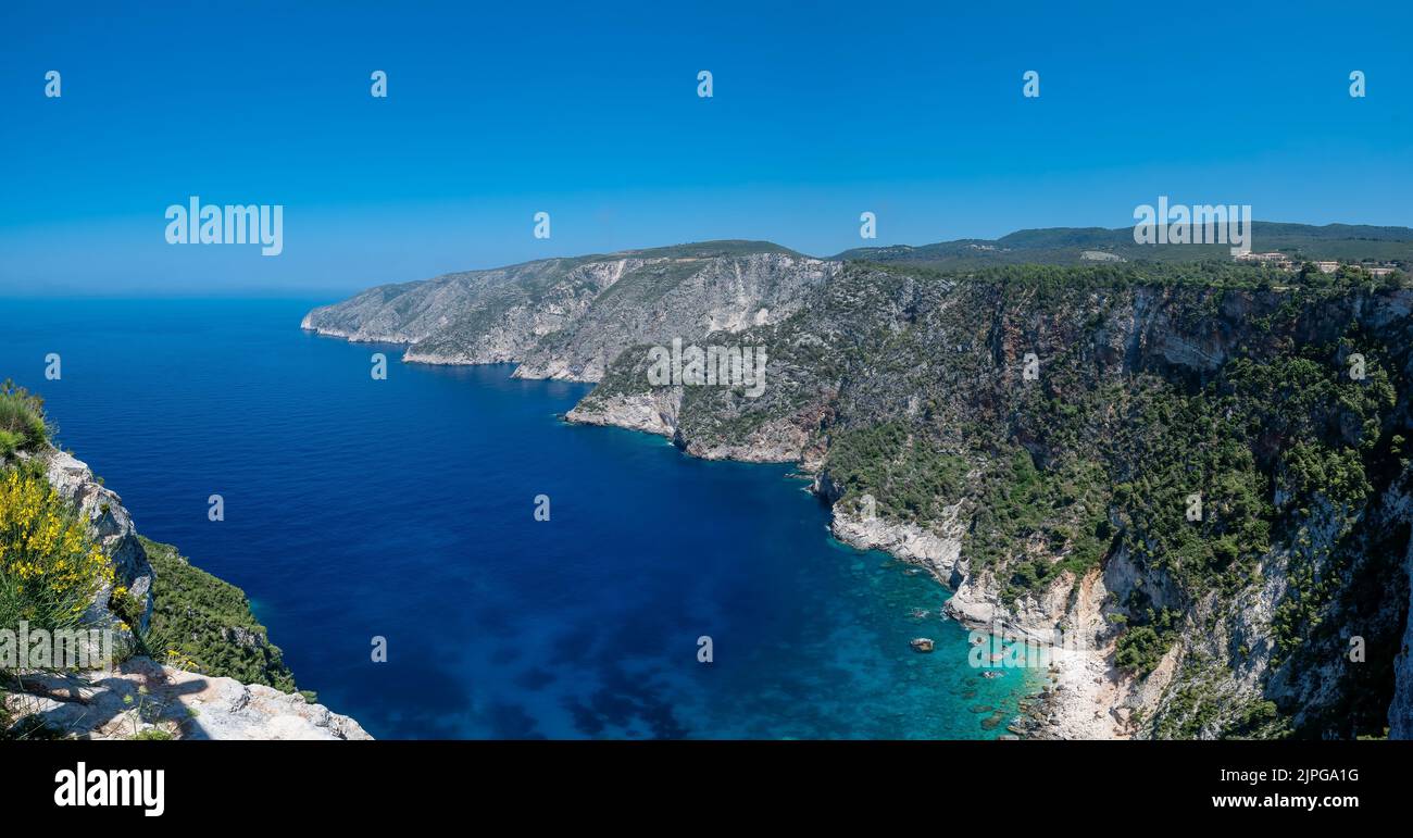 Scenic white cliffs around the azure sea in Zakynthos, Greece Stock ...