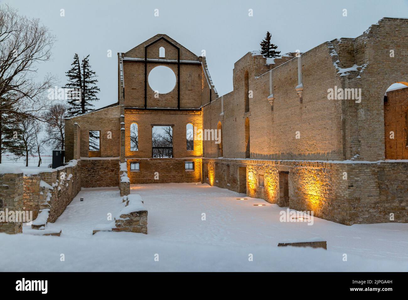 The illuminated ruins of Trappist Monastery. Winnipeg, Canada Stock ...
