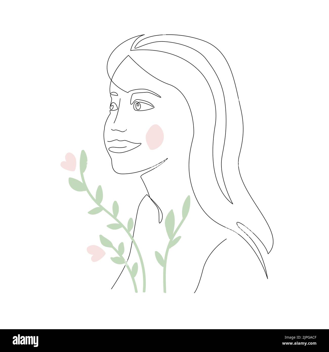 Beautiful line drawn abstract woman with a plant, modern style isolated ...