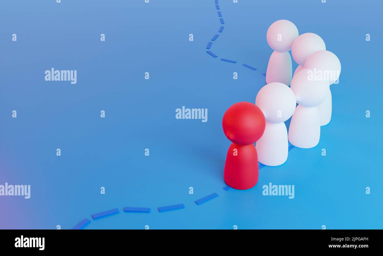 3d illustration. Group of people following their leader to the finish ...