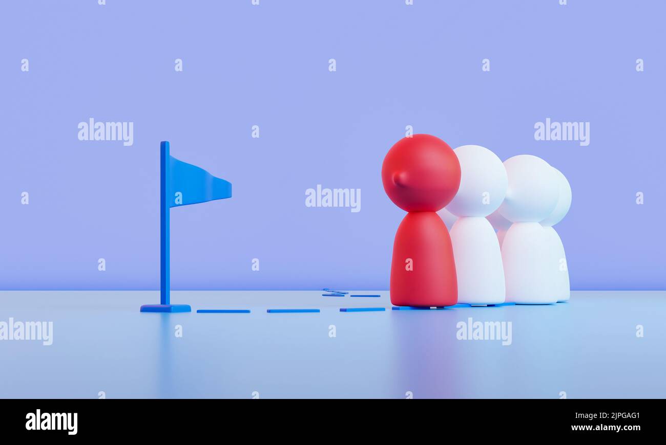 3d illustration. Group of people following their leader to the finish ...