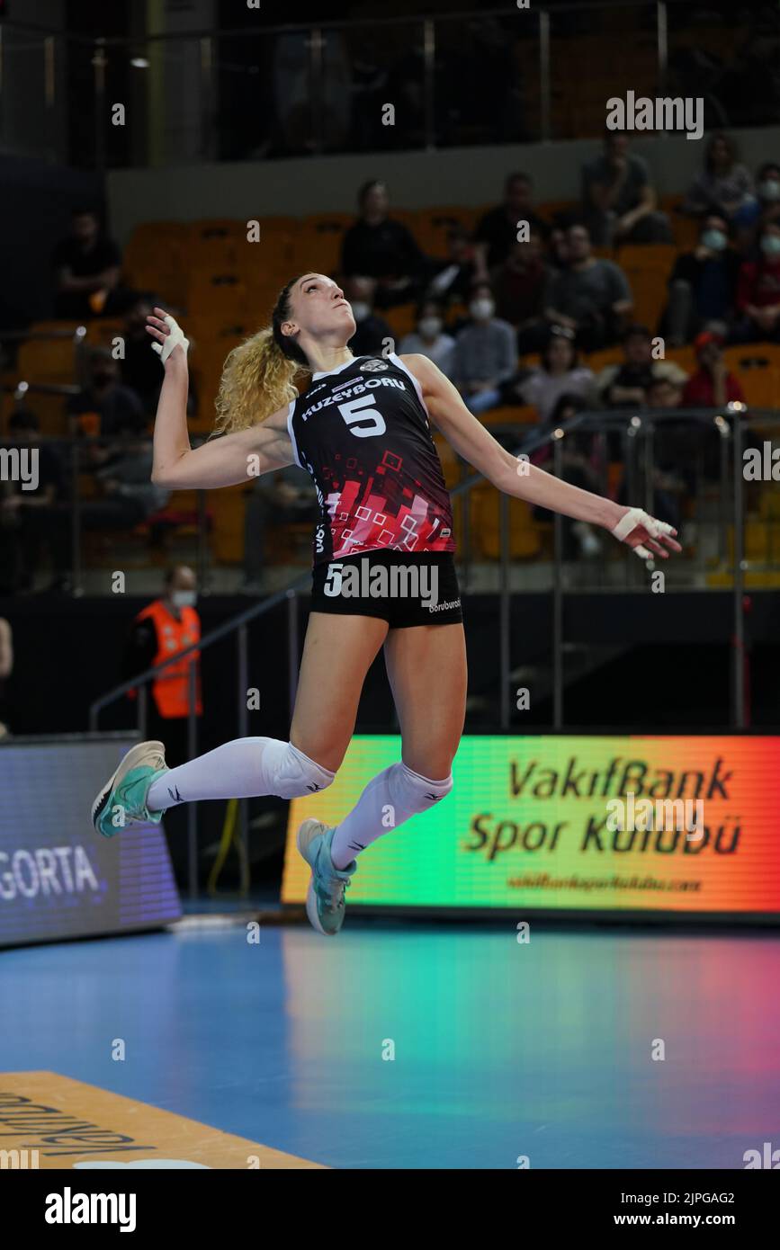 ISTANBUL, TURKEY - APRIL 03, 2022: Ivana Vanjak serves during Vakifbank ...