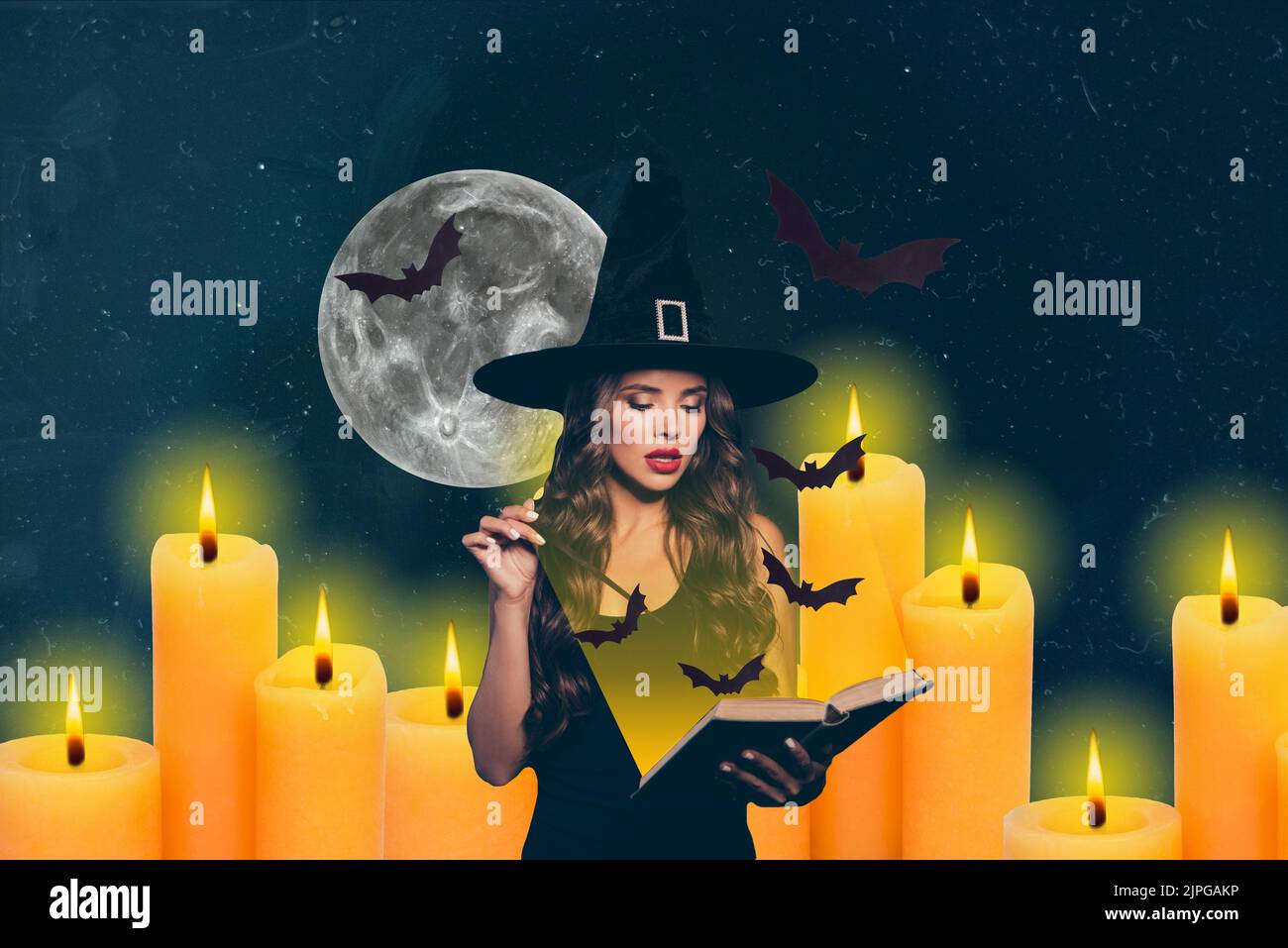 Creative collage picture of sorcerer witch girl hold magic wand read ...