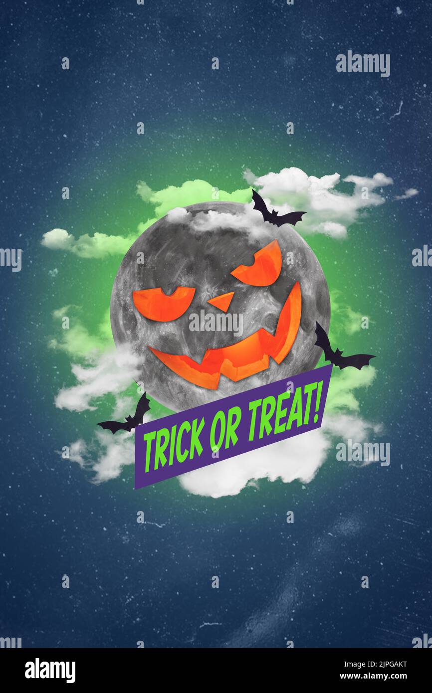 Vertical collage image of halloween pumpkin moon trick or treat text ...