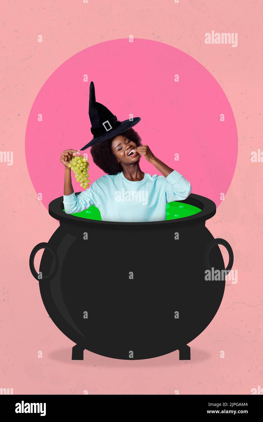 Vertical collage portrait of excited funky girl witch headwear sit ...