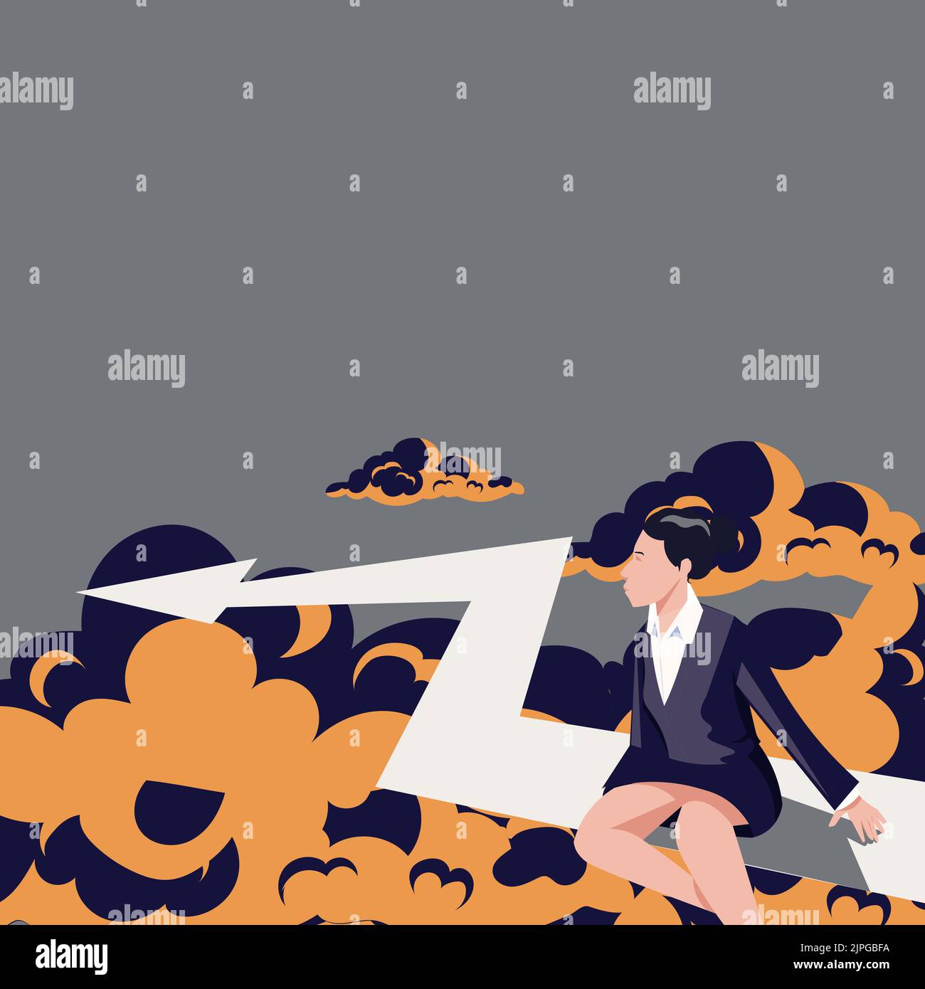 Lady Sitting Arrow Representing Financial Success. Lady Reaching Cloudy ...