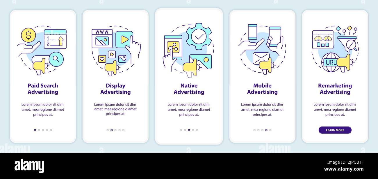 Types of advertising onboarding mobile app screen Stock Vector Image ...
