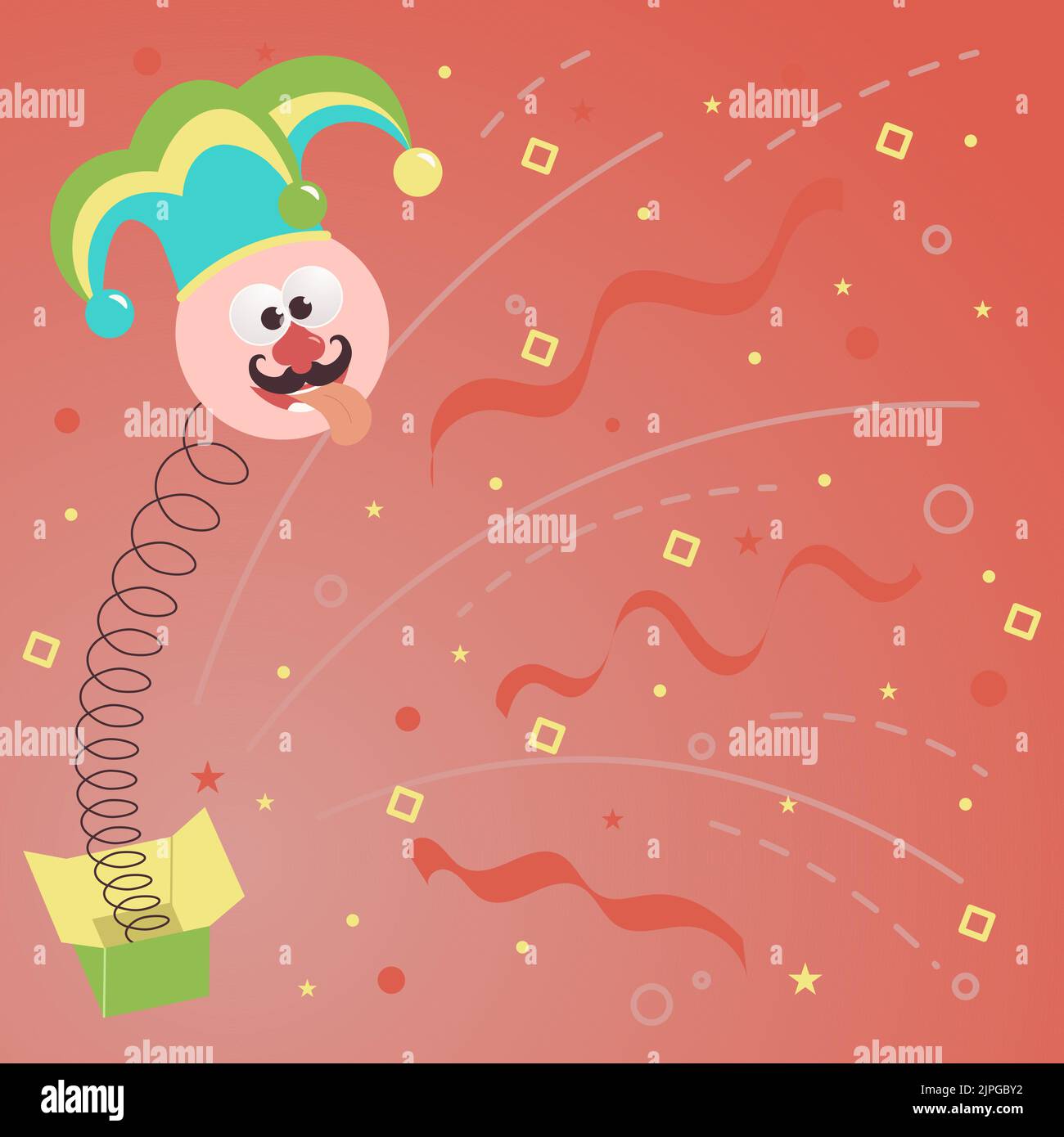 Funny Face With Colorful Hat And Tongue Out Jumping Out Of Box. Clumsy ...