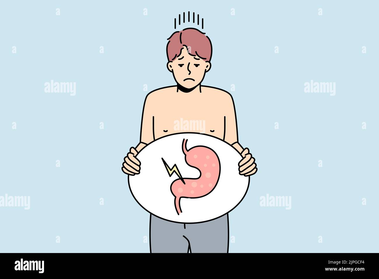 Unhealthy man suffer from indigestion problem. Unhappy sick guy holding ...