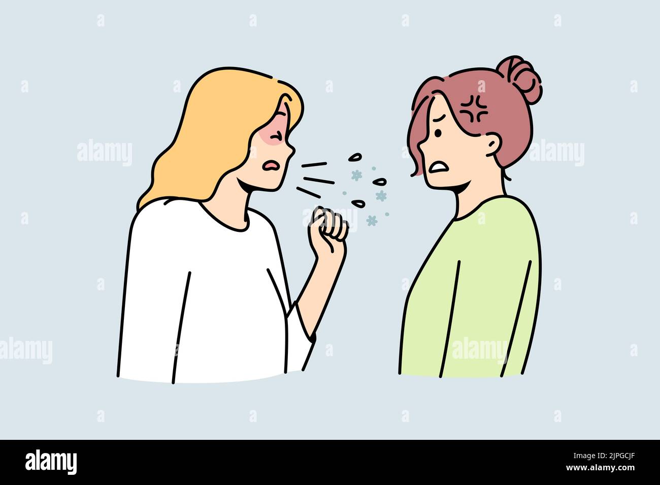 Unhealthy woman cough share disease to friend or colleague. Sick unwell ...