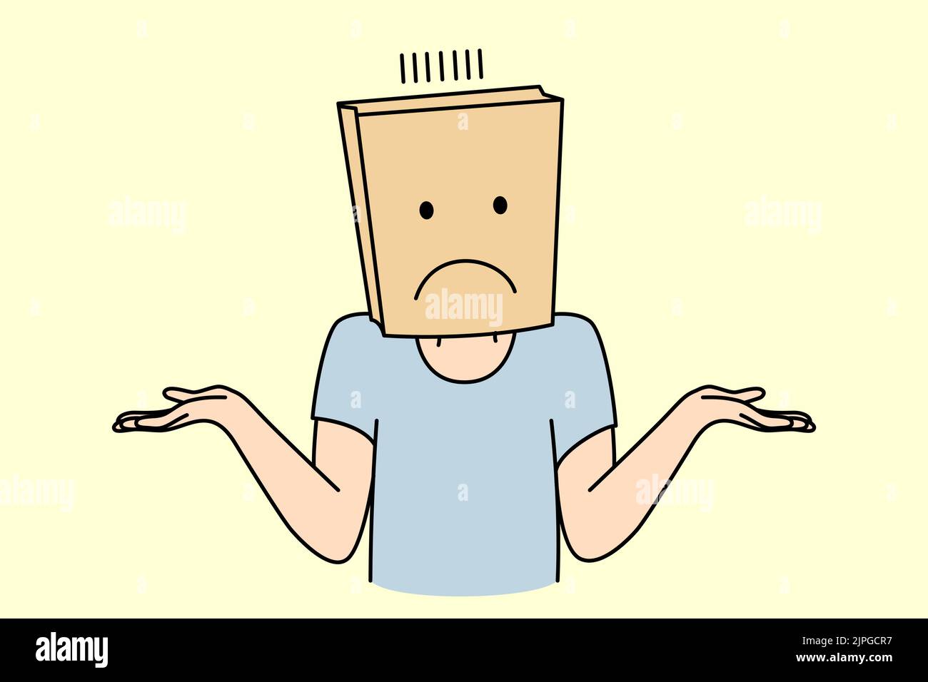 Unknown person with paper bag on hand feel confused and frustrated. Man ...