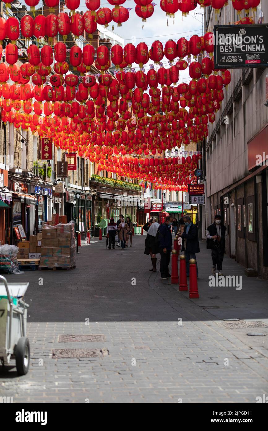 A shot of Chinese lanterns hanging on the streets of China town in London before the Queen ...