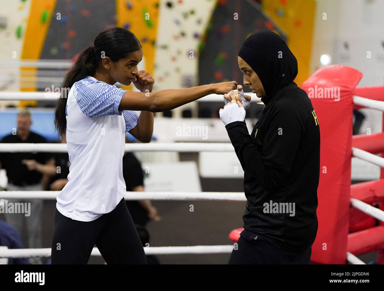 Ramla Ali (left) with Hadeel Ashour at the Waad Academy, Jeddah, Saudi ...