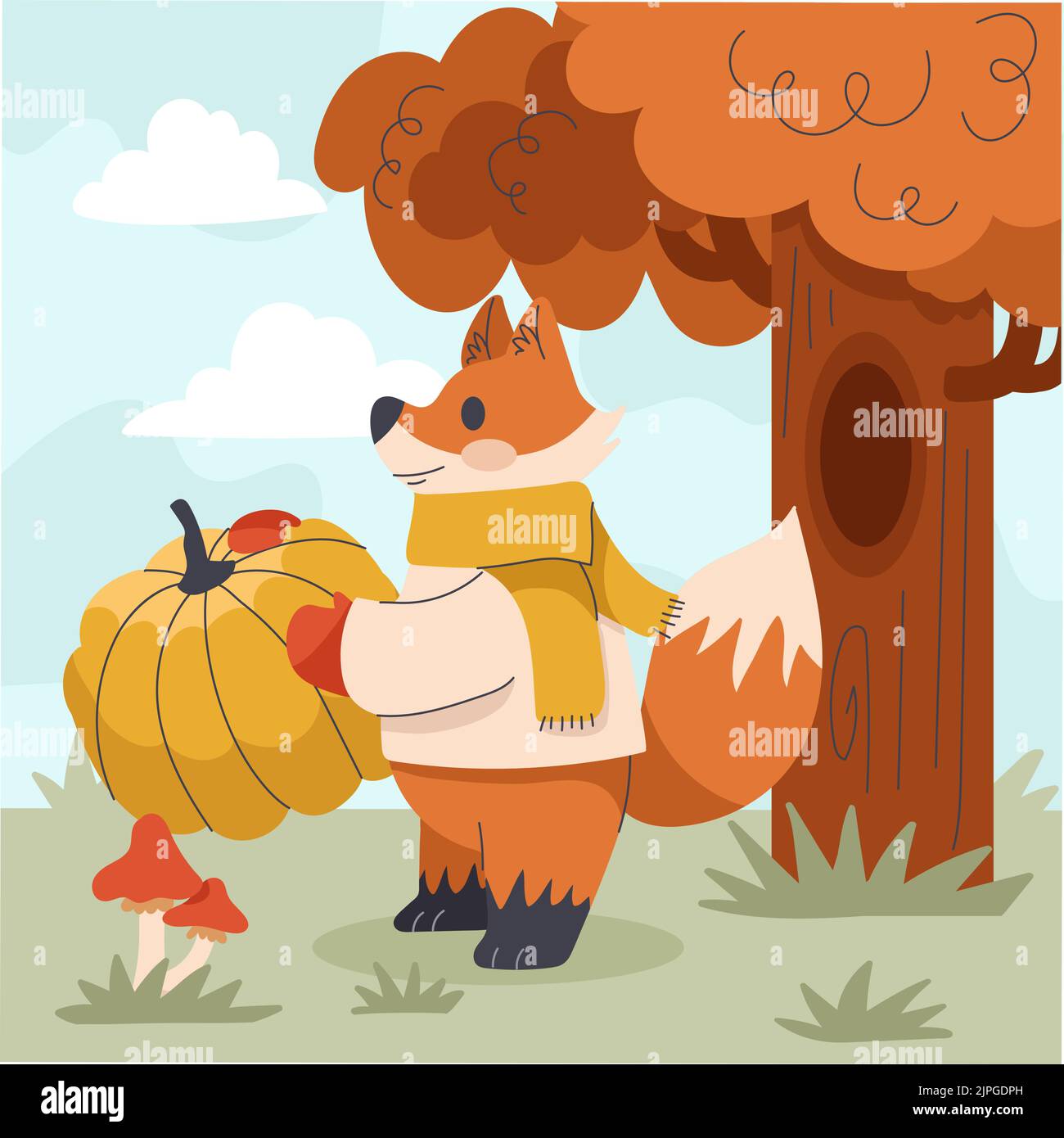 Flat illustration for autumn celebration, fox in a scarf holds a ...