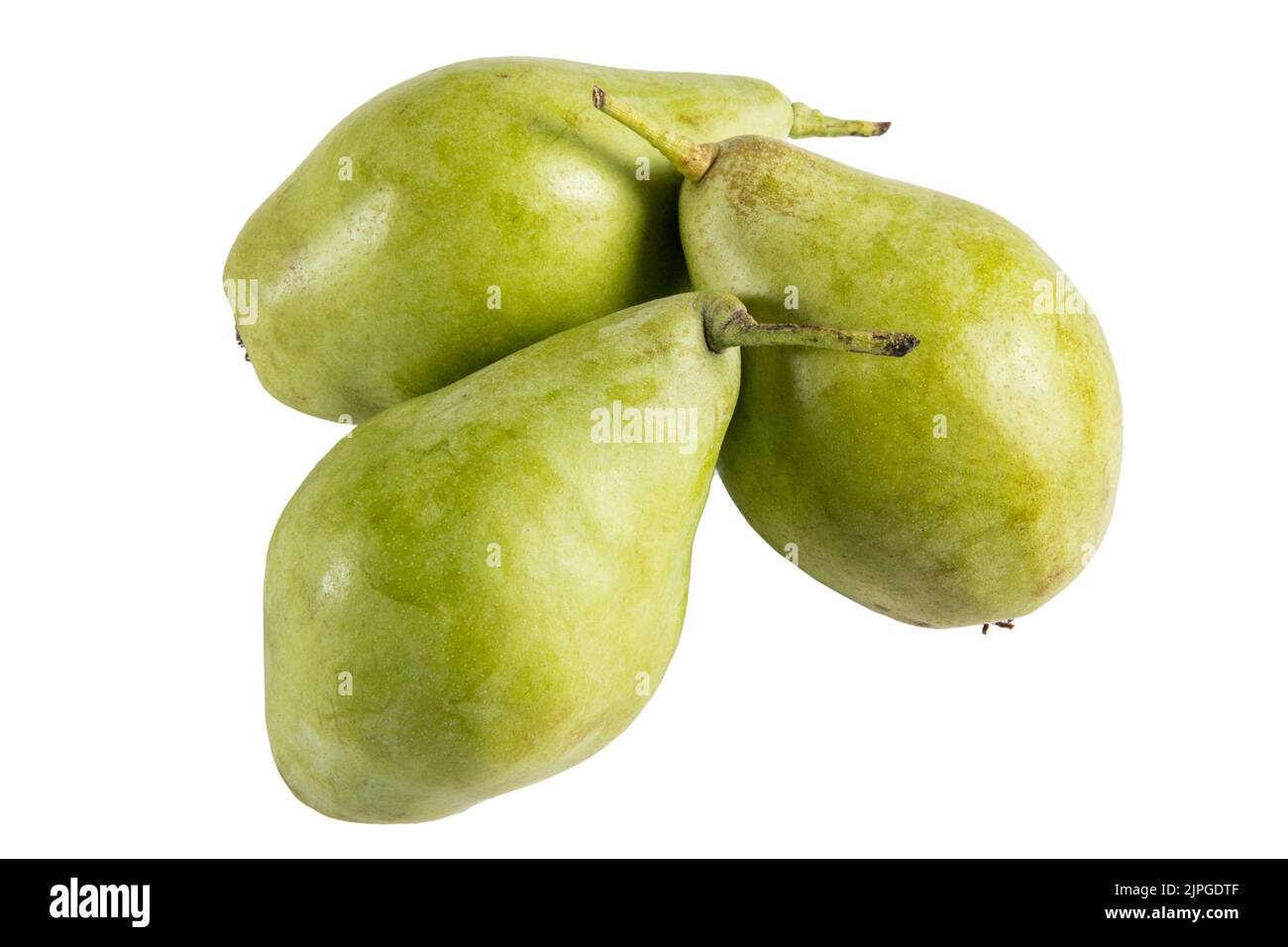 A closeup shot of three green pears isolated on a white background ...