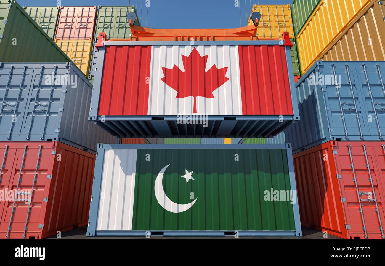 Cargo containers with Canada and Pakistan national flags. 3D Rendering ...