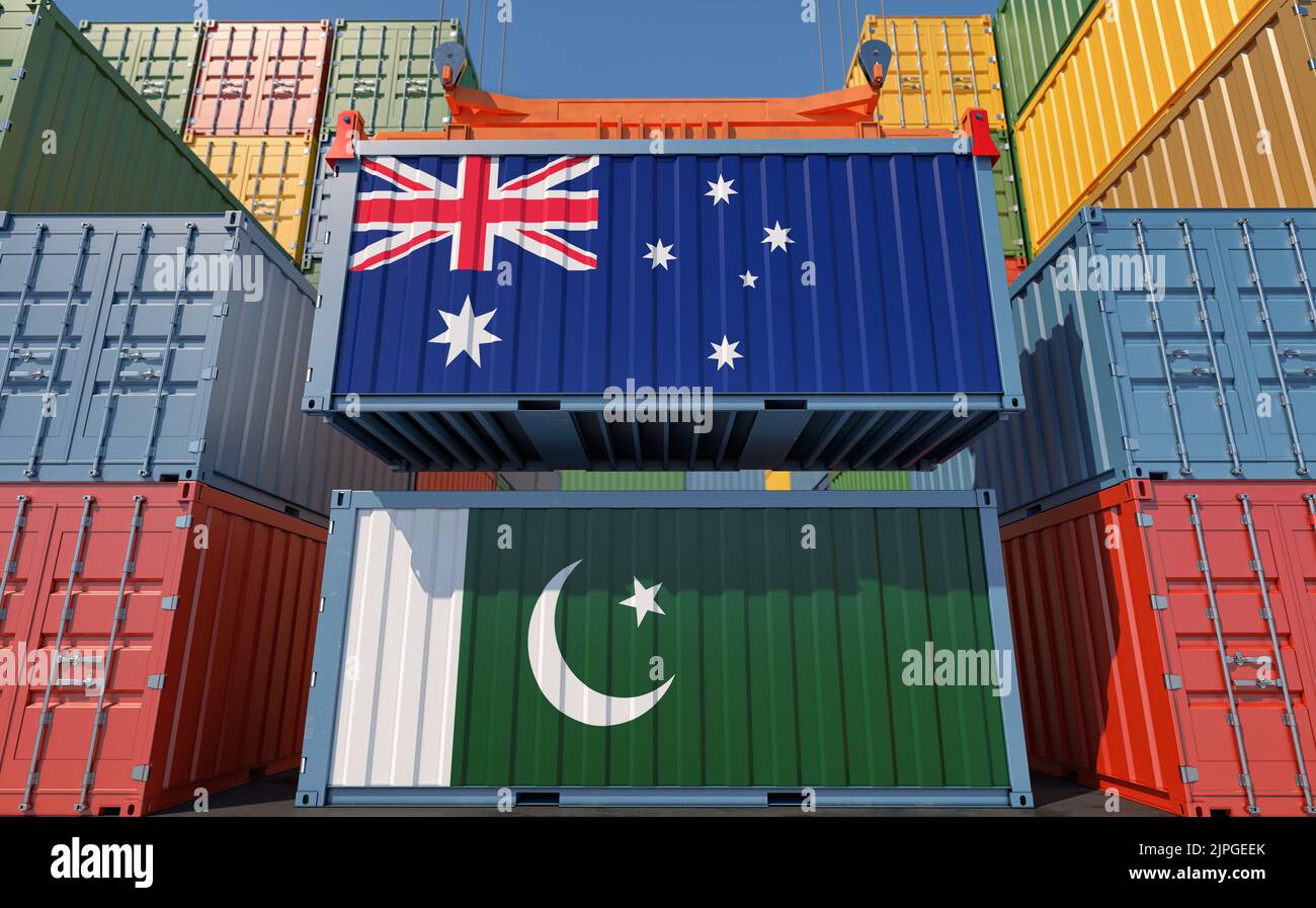 Cargo containers with Australia and Pakistan national flags. 3D ...