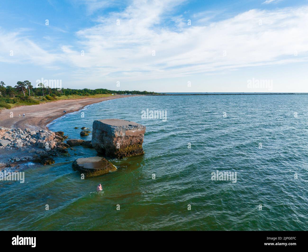 Ruins of bunkers on the beach of the Baltic sea, part of an old fort ...