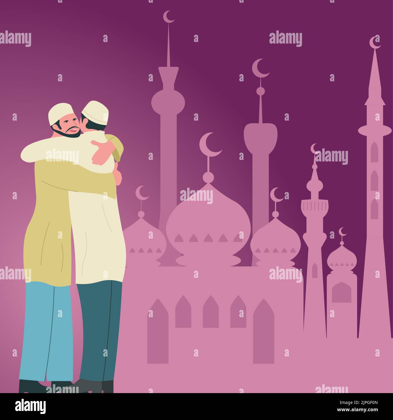 Friends Hugging In Front Of Mosque Celebrating Ramadan. Men In ...