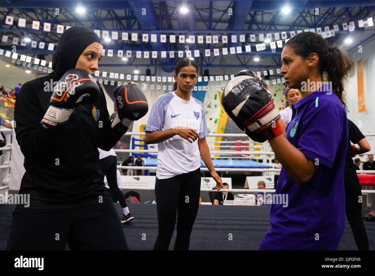 Ramla Ali (centre) at the Waad Academy, Jeddah, Saudi Arabia, during a ...