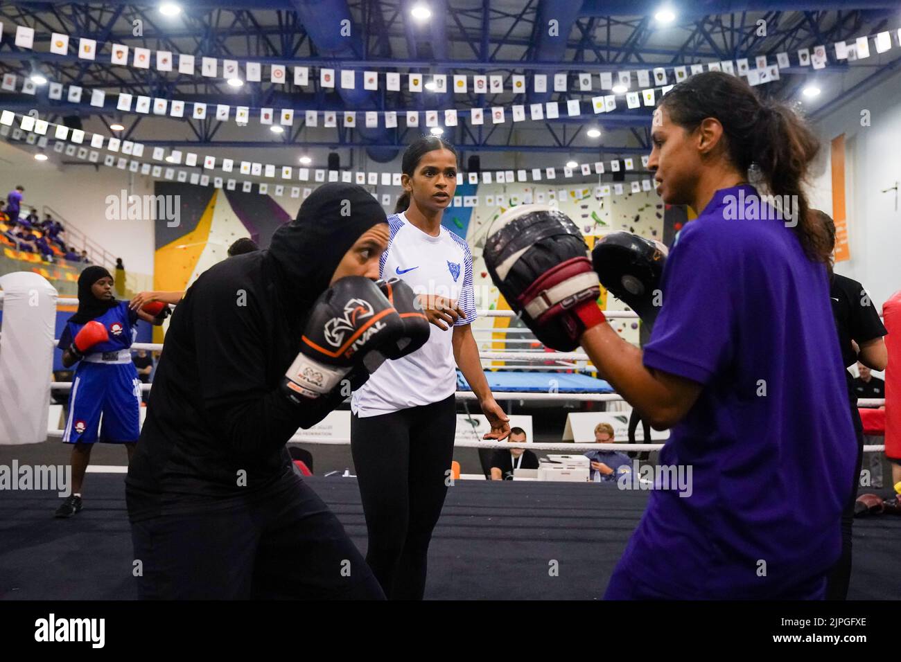 Ramla Ali (centre) at the Waad Academy, Jeddah, Saudi Arabia, during a ...