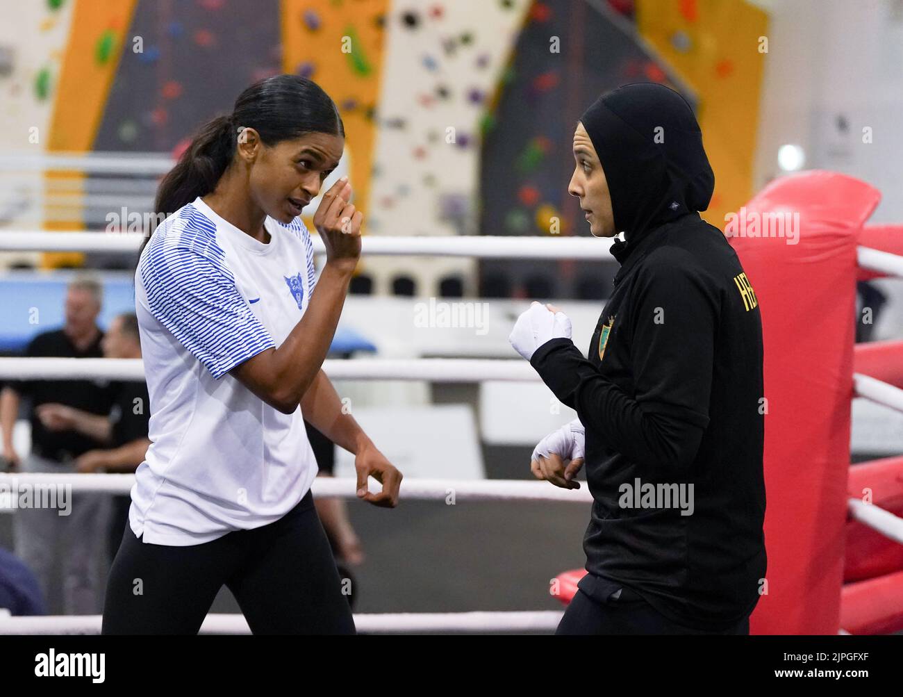 Ramla Ali (left) with Hadeel Ashour at the Waad Academy, Jeddah, Saudi ...