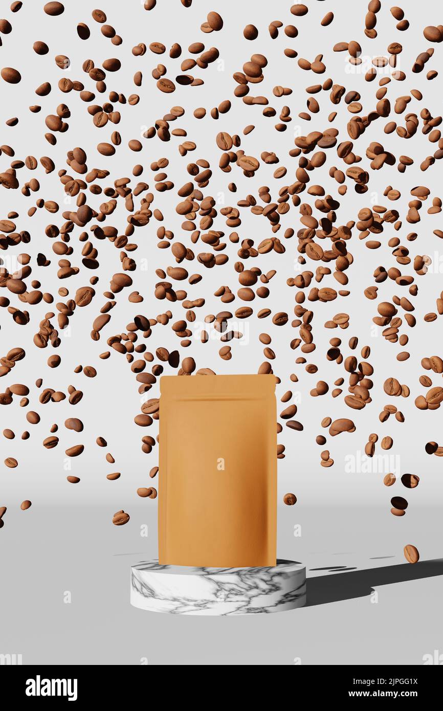 Paper pouch bag mockup falling coffee bean marble podium white ...