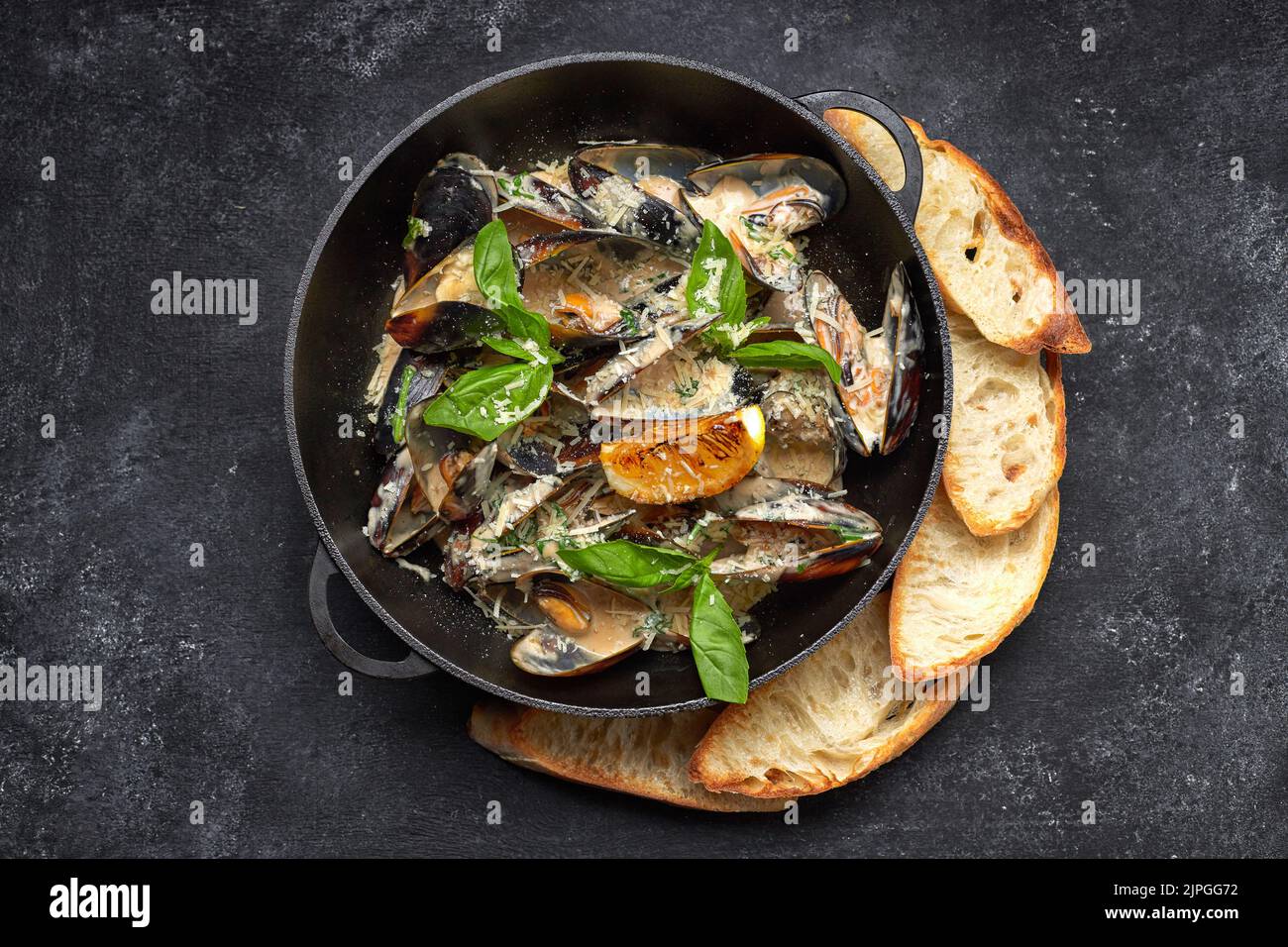 Mussels in a cream sauce with croutons in a pan on gray concrete Stock ...