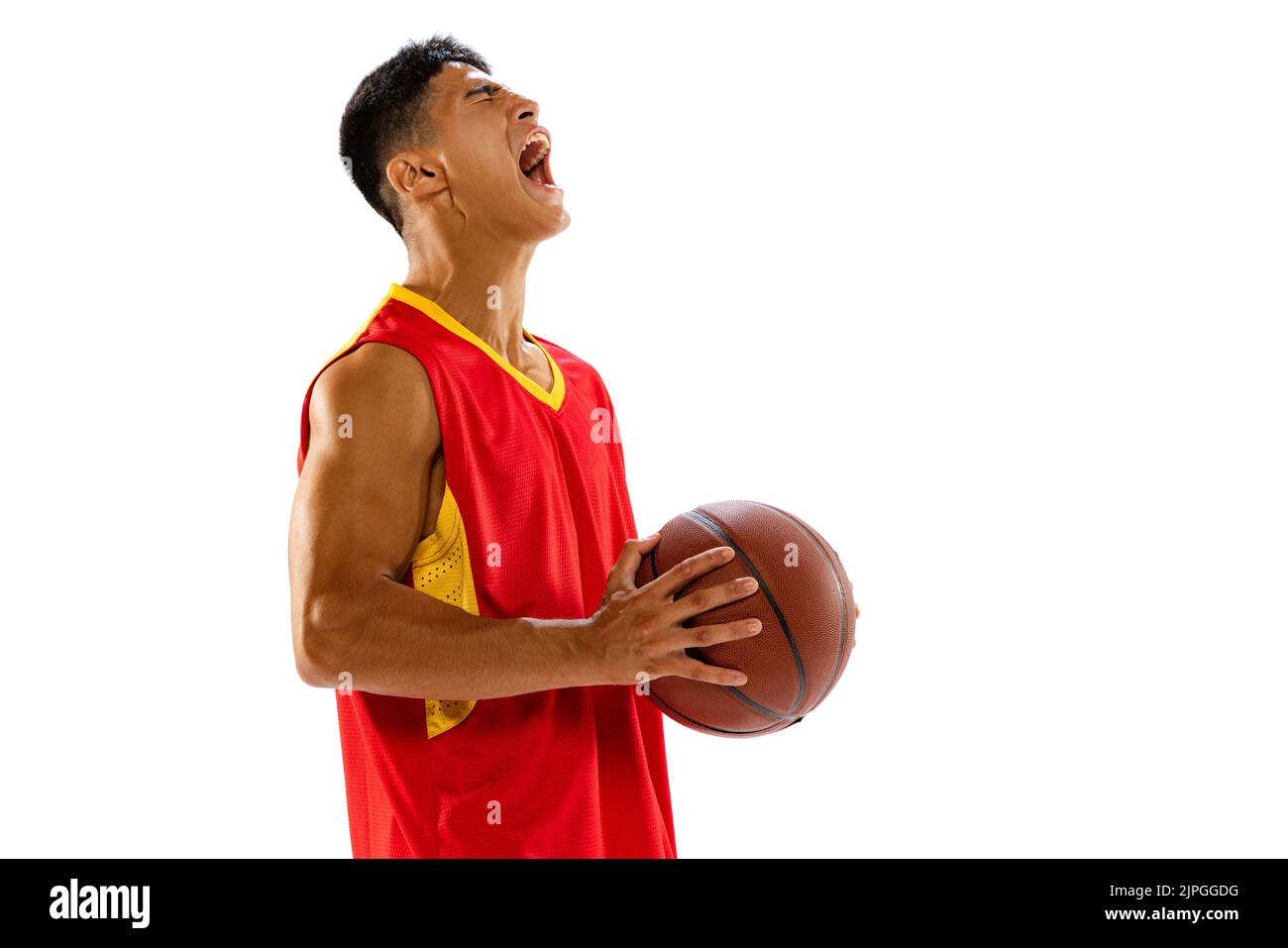 Portrait of young man, basketball player isolated over white studio ...