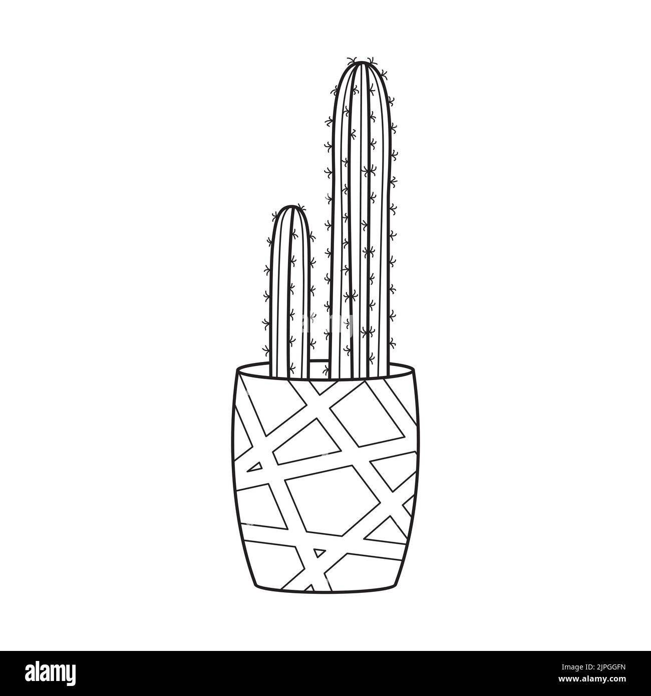 Vector outline cactus in pot. Indoor succulent plant with thorns. Cacti ...
