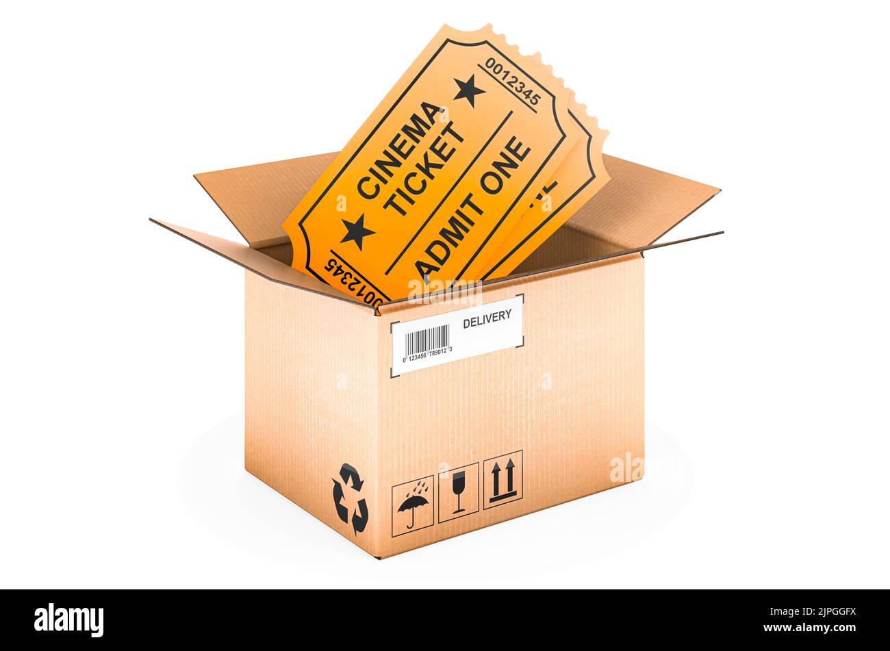 Cinema tickets inside cardboard box, delivery concept. 3D rendering ...