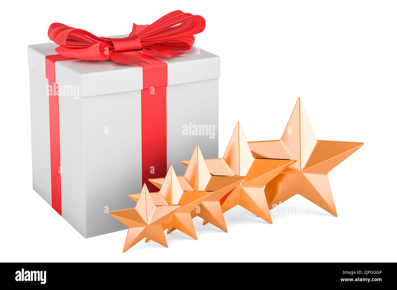 Gift box, present with five golden stars. 3D rendering isolated on ...