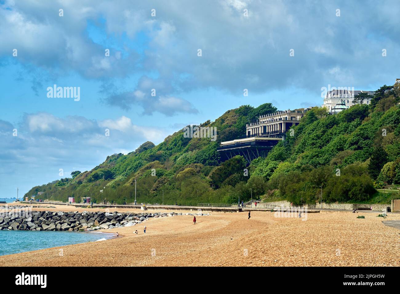 A viewed from the sandy beach at the Leas Cliff Hall in Folkestone, UK ...