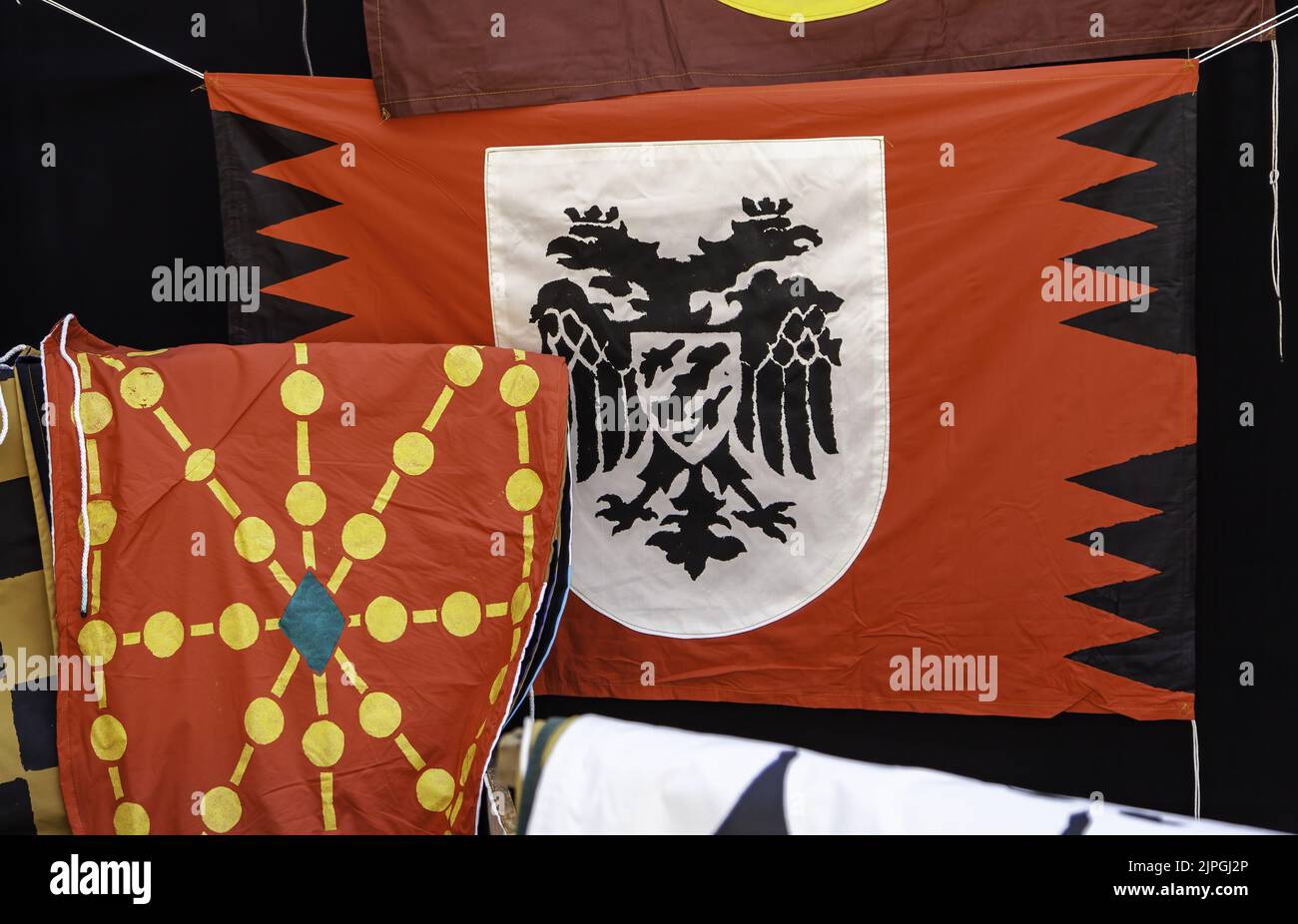 Detail of ancient shields in a medieval festival, history Stock Photo ...