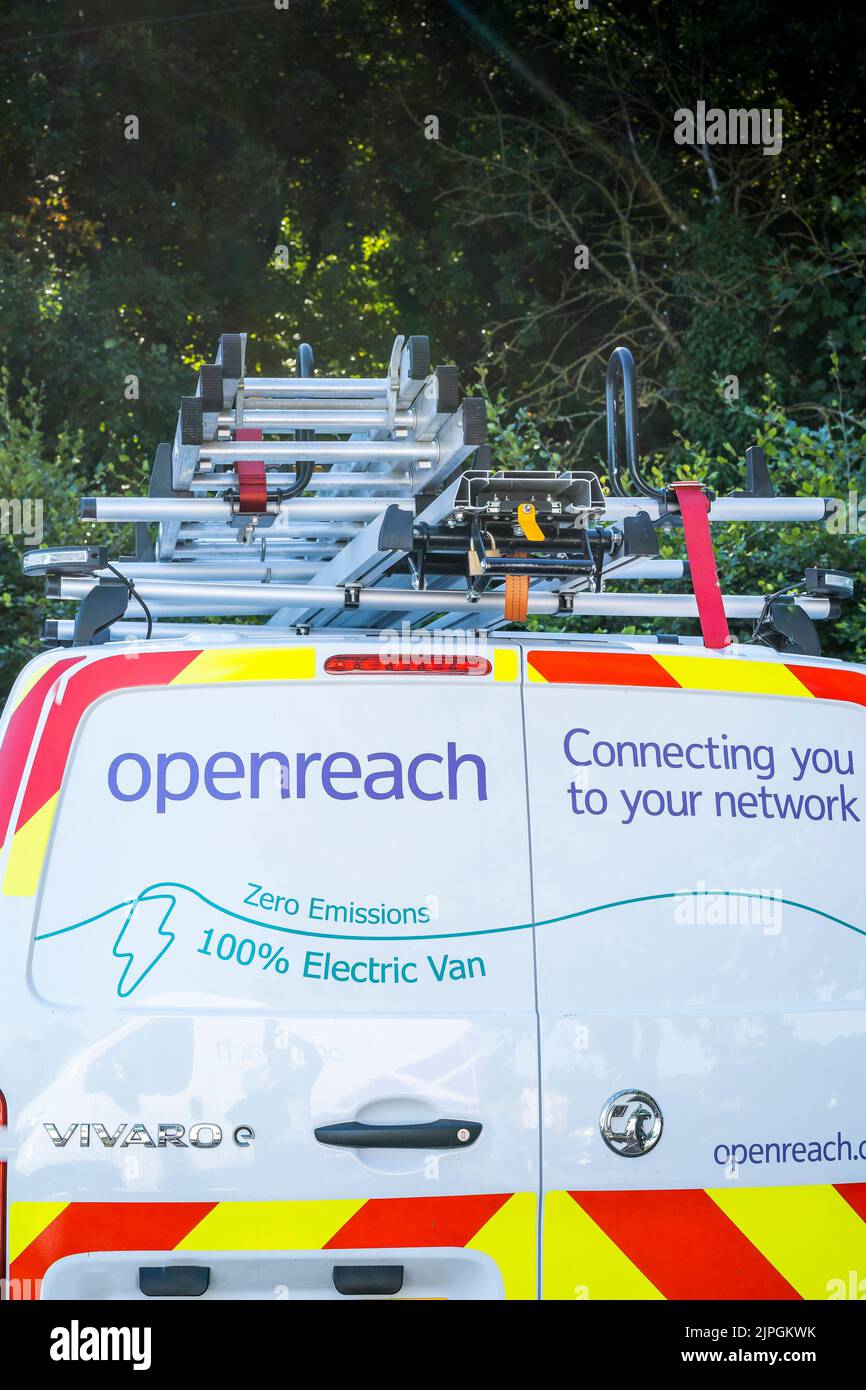 Rear view of an openreach, BT electric van with roof ladders Stock ...