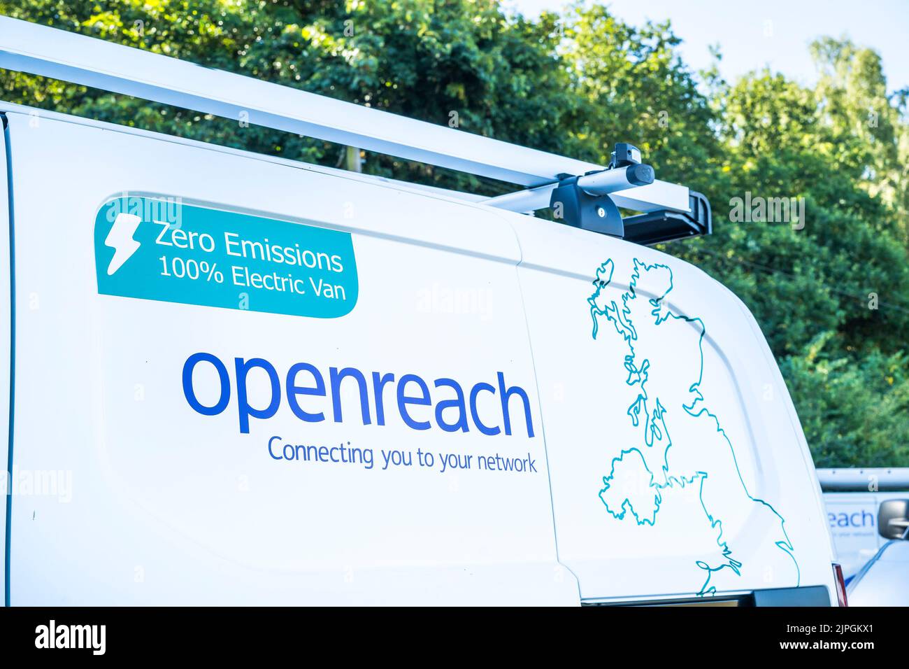 Side view of an Openreach, BT electric van with roof ladders Stock ...