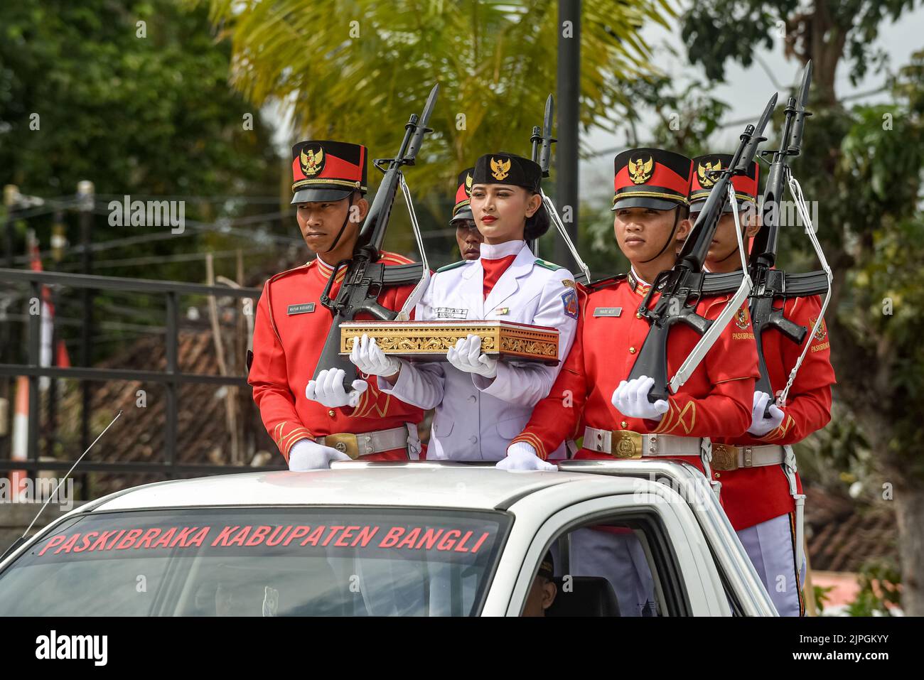 Bangli, Bali, Indonesia. 17th Aug, 2022. The ceremony's flag-bearer ...