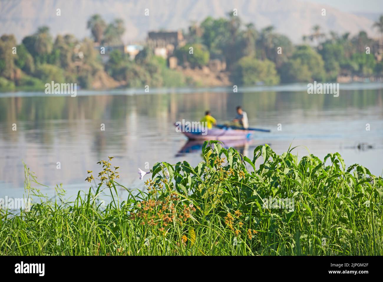 Traditional egyptian bedouin fisherman in rowing boat on river Nile ...